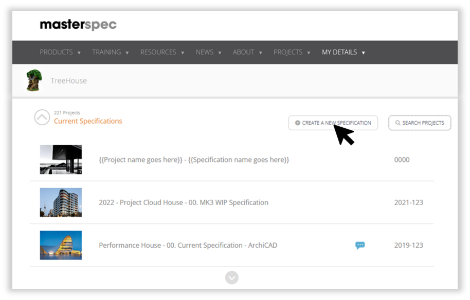 New Project Parameters When Creating New Specifications - Masterspec